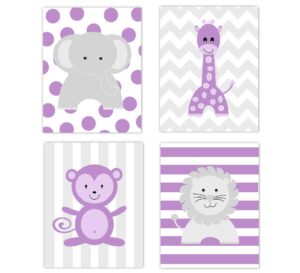 baby girl nursery wall art purple elephant giraffe lion monkey safari jungle zoo animals decor 4 unframed prints