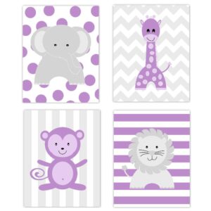 Baby Girl Nursery Wall Art Purple Elephant Giraffe Lion Monkey Safari Jungle Zoo Animals Decor 4 UNFRAMED PRINTS