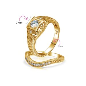 1CT Deco Style Solitaire Round AAA CZ Pave Contoured Band Engagement Wedding Ring Set 14K Gold Plated Sterling Silver