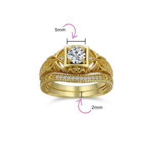 1CT Deco Style Solitaire Round AAA CZ Pave Contoured Band Engagement Wedding Ring Set 14K Gold Plated Sterling Silver