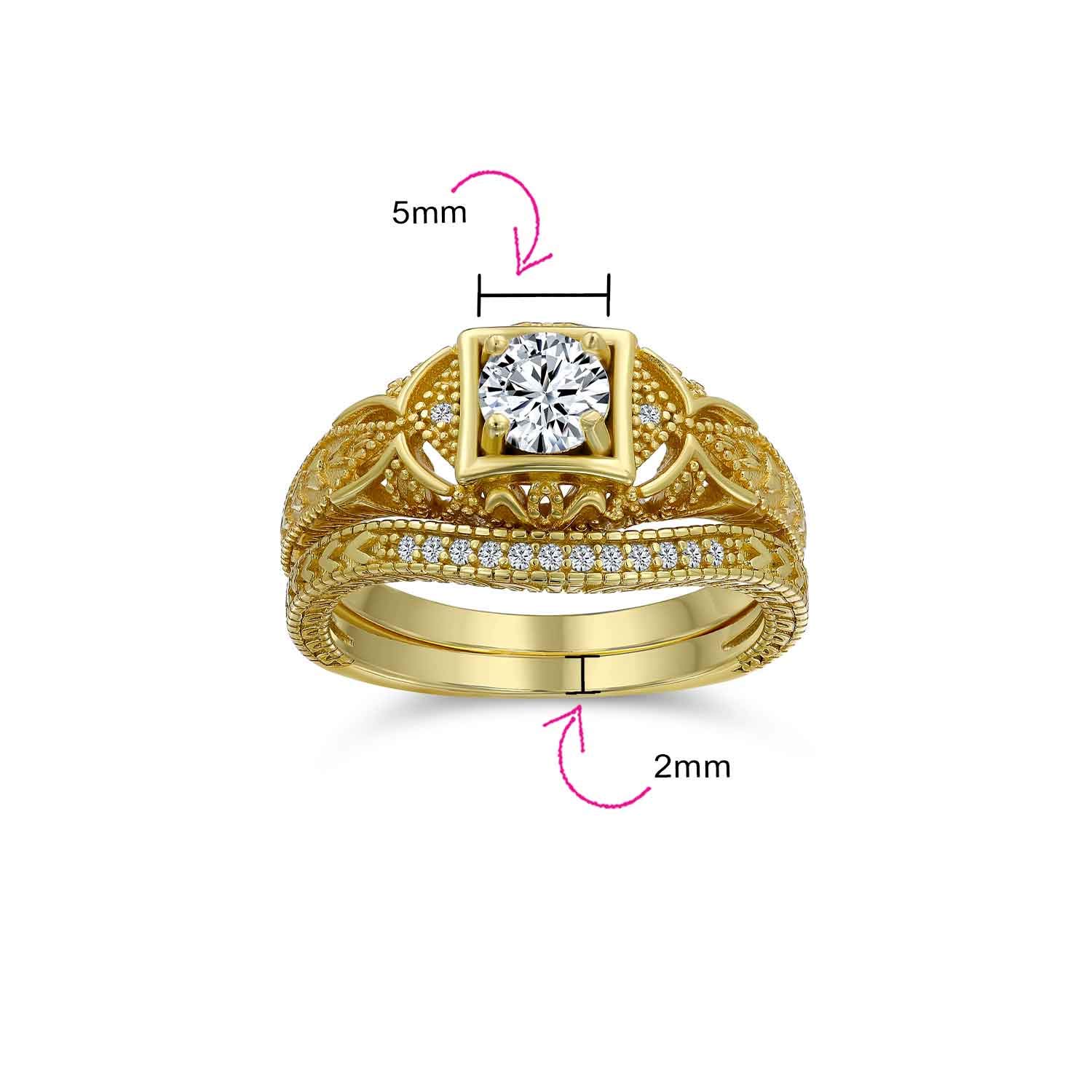 1CT Deco Style Solitaire Round AAA CZ Pave Contoured Band Engagement Wedding Ring Set 14K Gold Plated Sterling Silver