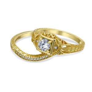 1CT Deco Style Solitaire Round AAA CZ Pave Contoured Band Engagement Wedding Ring Set 14K Gold Plated Sterling Silver