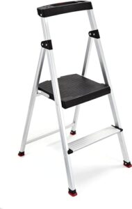 rubbermaid rma-2 2-step lightweight aluminum step stool with project top, anti-slip step ladder, 225 lb capacity, silver finish