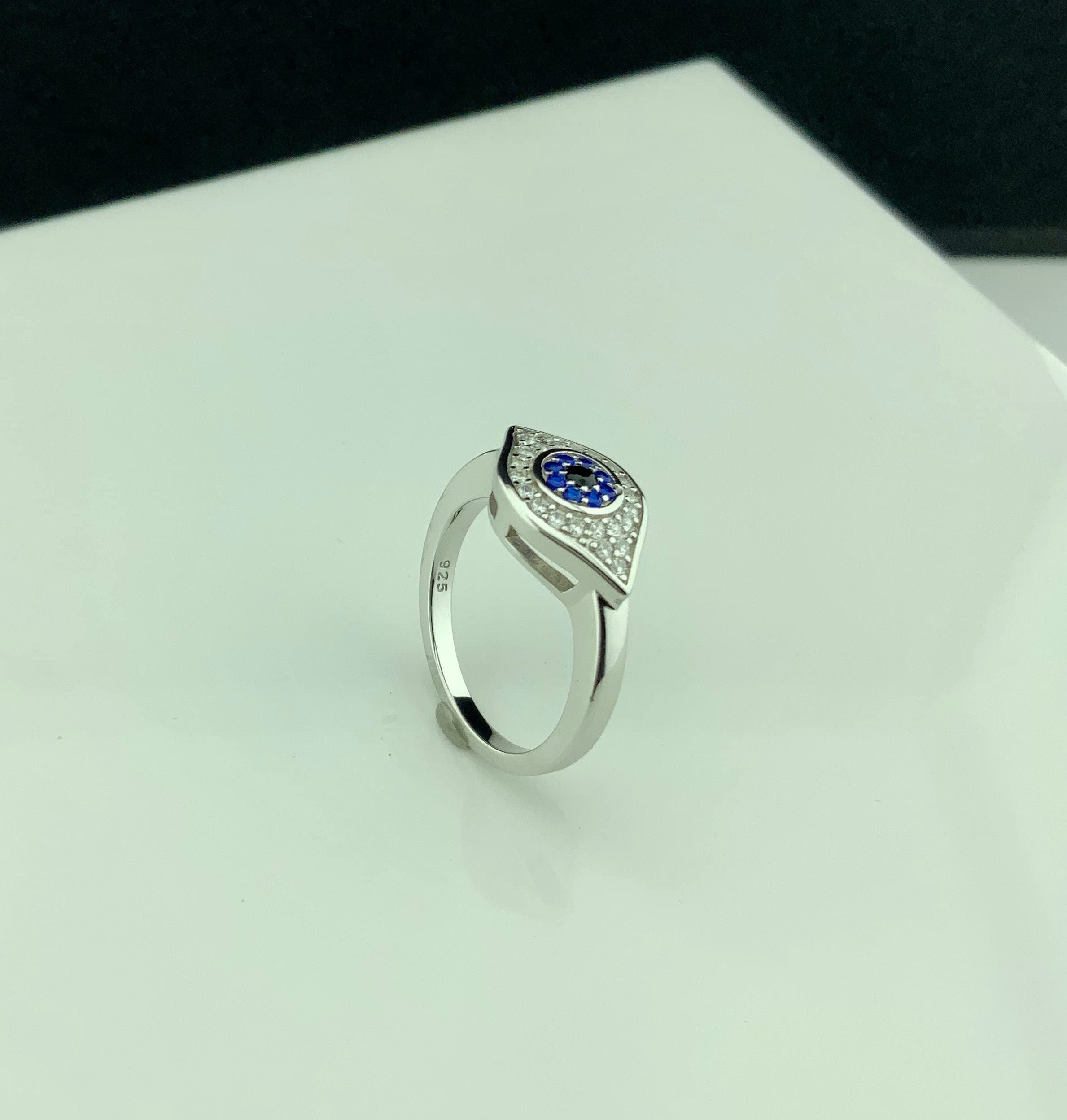 SILVERCLOSEOUT Rhodium Plated Sterling Silver Womens Blue Cz Evil Eye Ring - Size 7