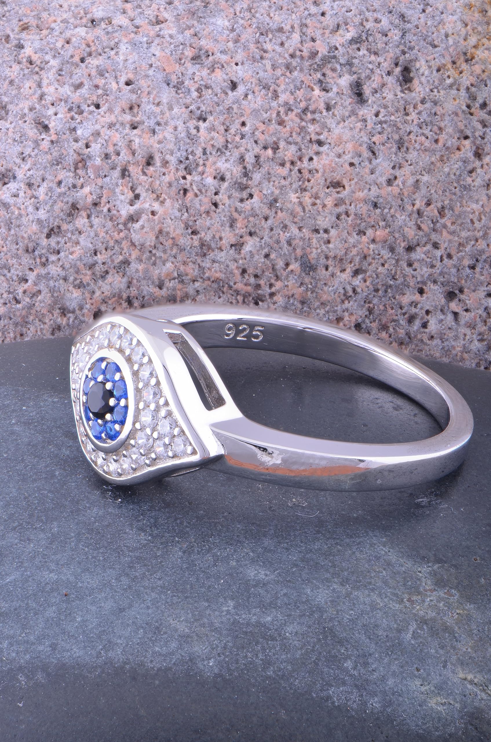 SILVERCLOSEOUT Rhodium Plated Sterling Silver Womens Blue Cz Evil Eye Ring - Size 7