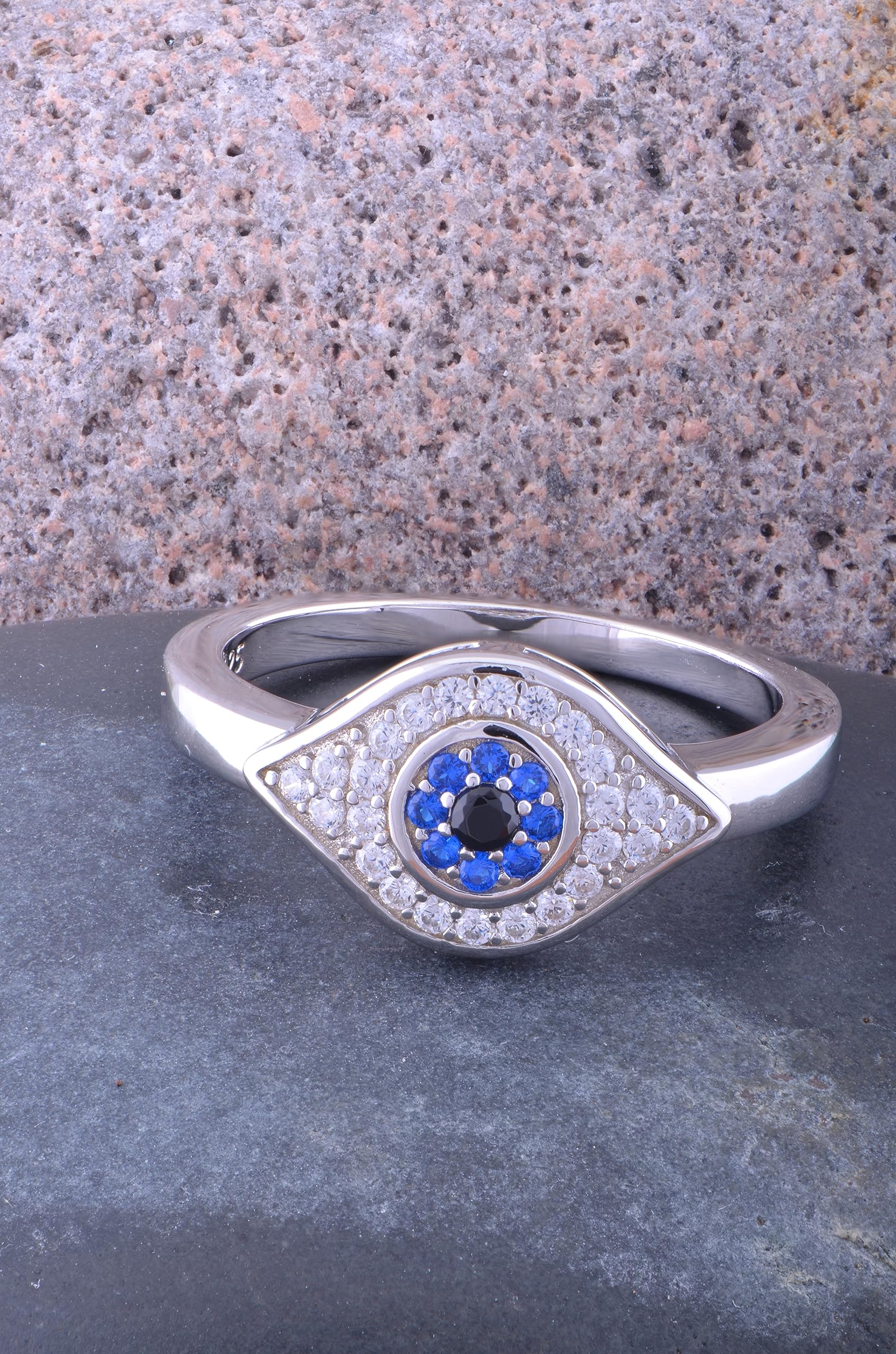 SILVERCLOSEOUT Rhodium Plated Sterling Silver Womens Blue Cz Evil Eye Ring - Size 7