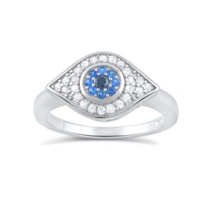 SILVERCLOSEOUT Rhodium Plated Sterling Silver Womens Blue Cz Evil Eye Ring - Size 7