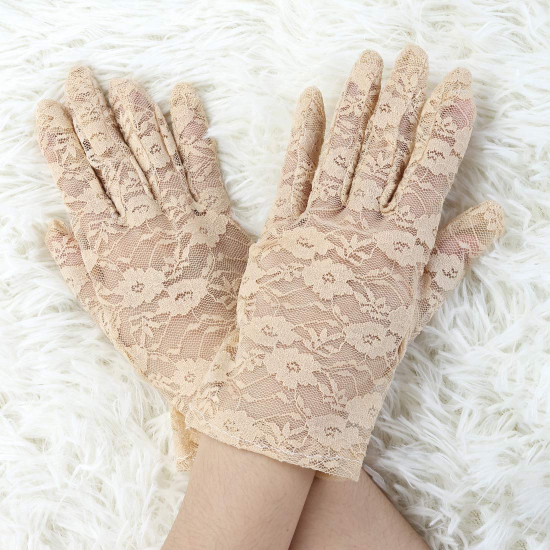 Allegra K Women's Floral 1920s Bridal Wedding Party Opera Full Finger Lace Gloves Short Beige