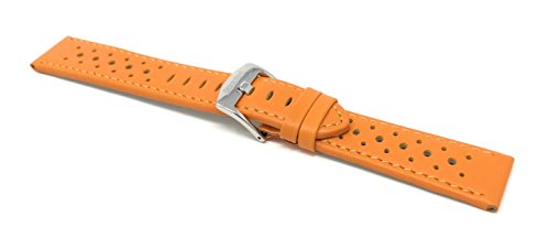 Bandini Mens Leather Rally Strap - Breathable Perforated Racing Watch Band - Replacement Racer Rally Band for Classic and Smart Watch - Orange 22mm Watch Band