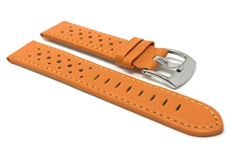 Bandini Mens Leather Rally Strap - Breathable Perforated Racing Watch Band - Replacement Racer Rally Band for Classic and Smart Watch - Orange 22mm Watch Band