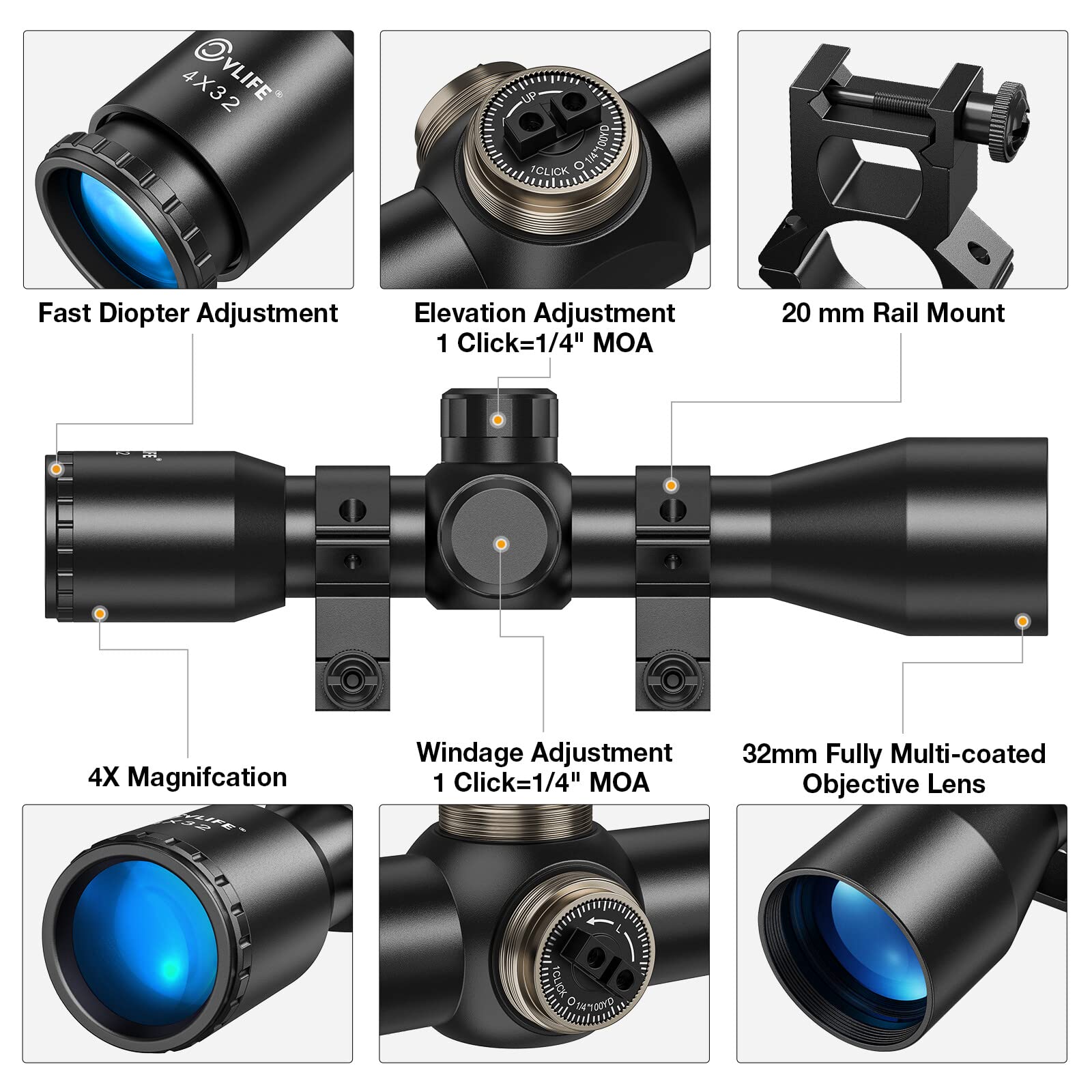 CVLIFE 4x32 Compact Rifle Scope Crosshair Optics Hunting Gun Scope with 20mm Free Mounts