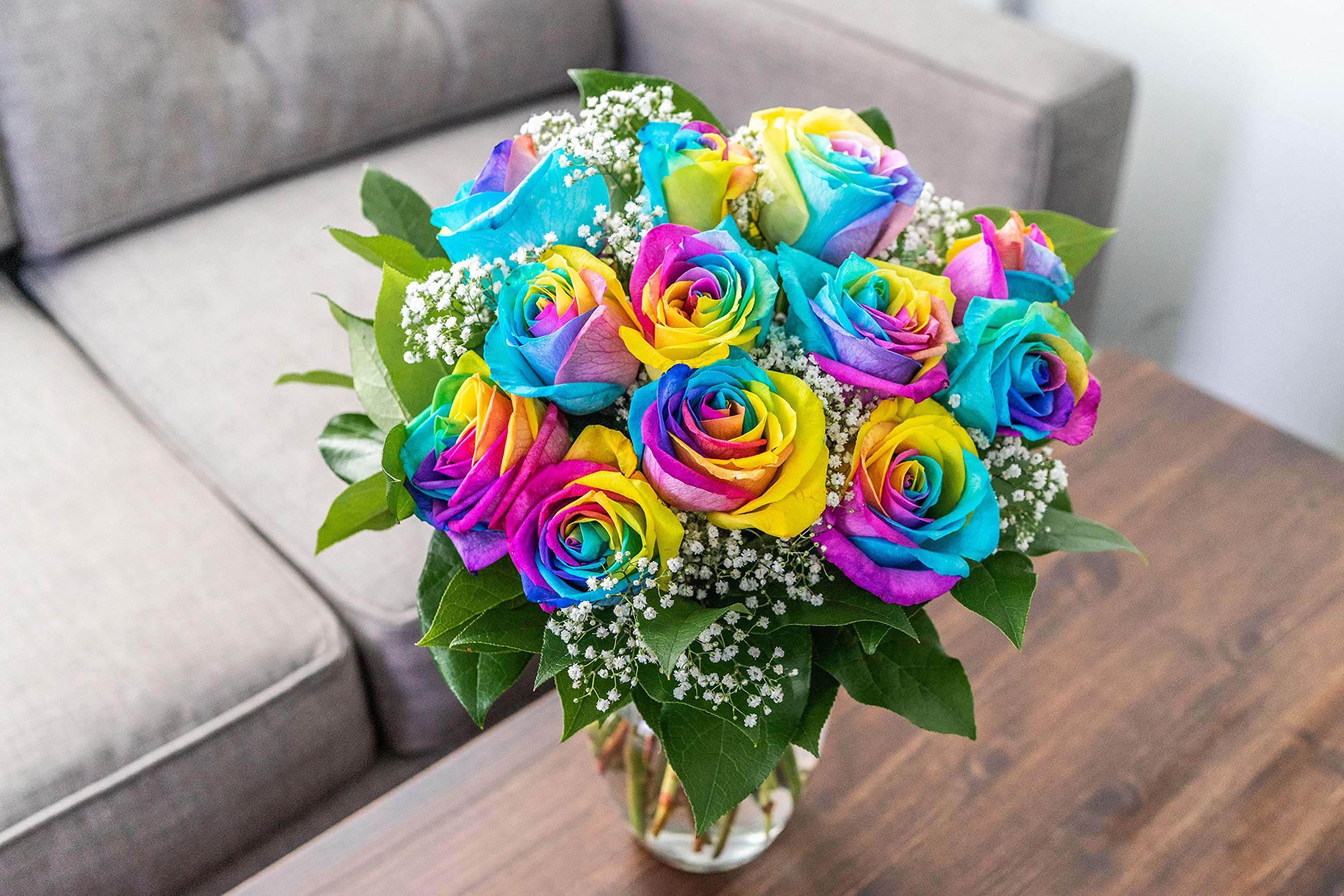 From You Flowers - One Dozen Wild Rainbow Roses with Glass Vase (Fresh Flowers) Birthday, Anniversary, Get Well, Sympathy, Congratulations, Thank You