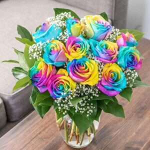 From You Flowers - One Dozen Wild Rainbow Roses with Glass Vase (Fresh Flowers) Birthday, Anniversary, Get Well, Sympathy, Congratulations, Thank You