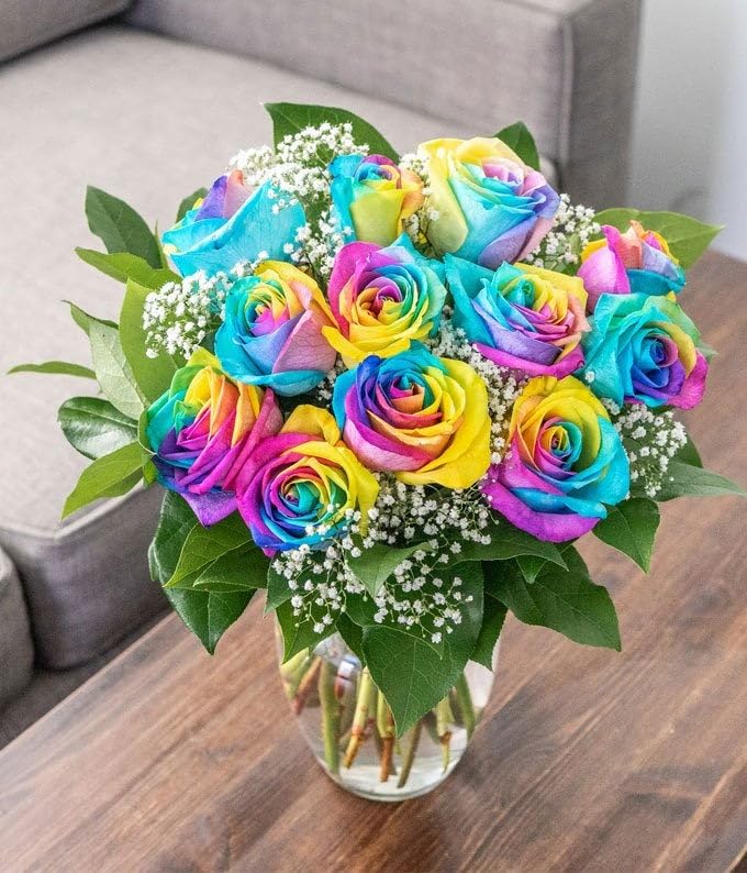 From You Flowers - One Dozen Wild Rainbow Roses with Glass Vase (Fresh Flowers) Birthday, Anniversary, Get Well, Sympathy, Congratulations, Thank You