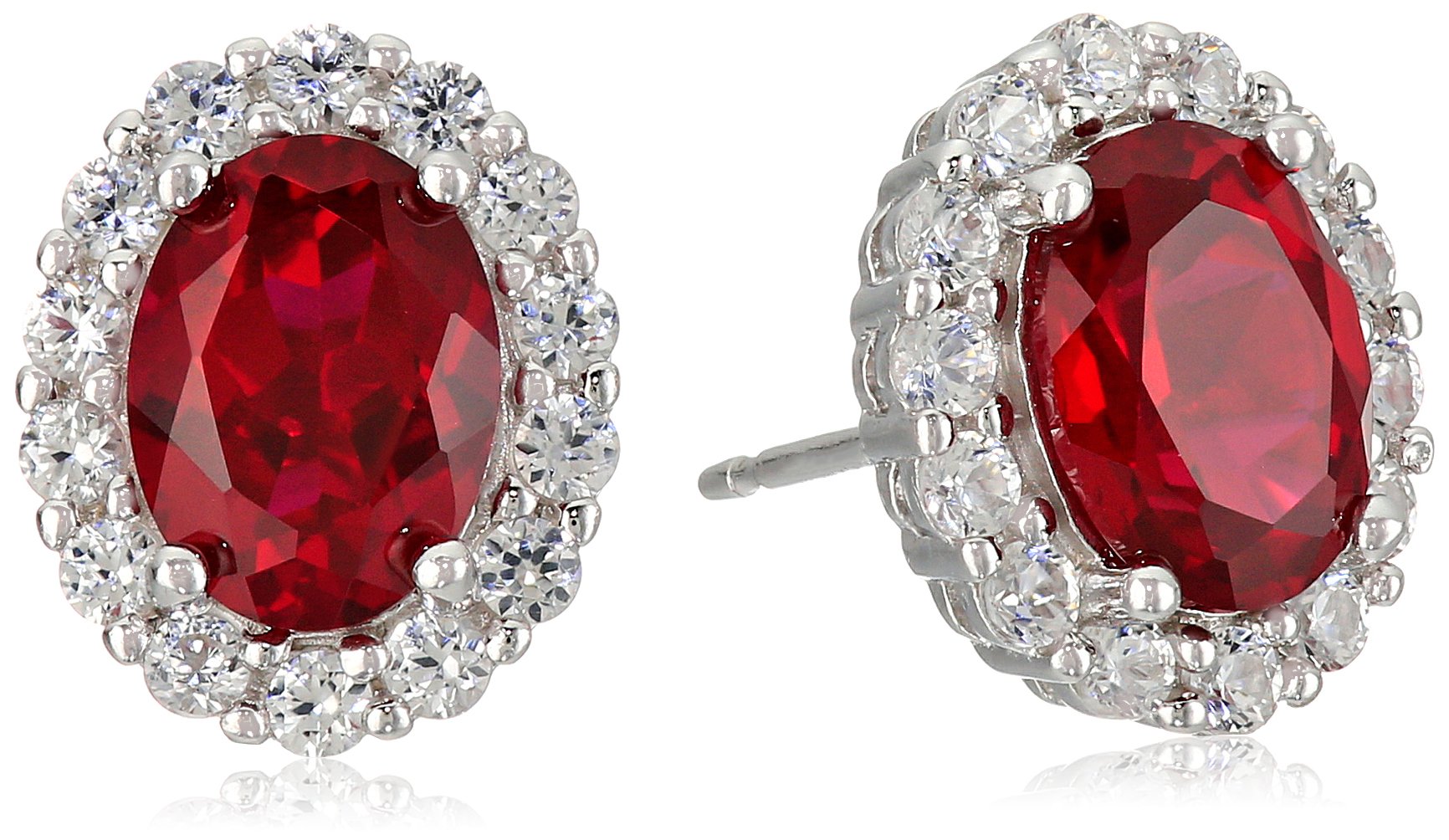 Amazon Essentials Sterling Silver Created Ruby and White Sapphire Halo Oval Stud Earrings, (previously Amazon Collection)