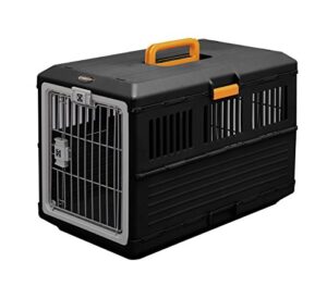 iris ohyama, dog crate/cage, transport box for dogs, cats, 2 doors, clips, and safety latch, plastic (pp) bpa free, l68.6 x w40.3 x h47.8 cm, train, car and airplane, fc-670, black