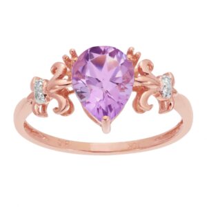 metro jewelry 10k rose gold pear amethyst fleur de lis ring with .02 cttw diamonds - size 8