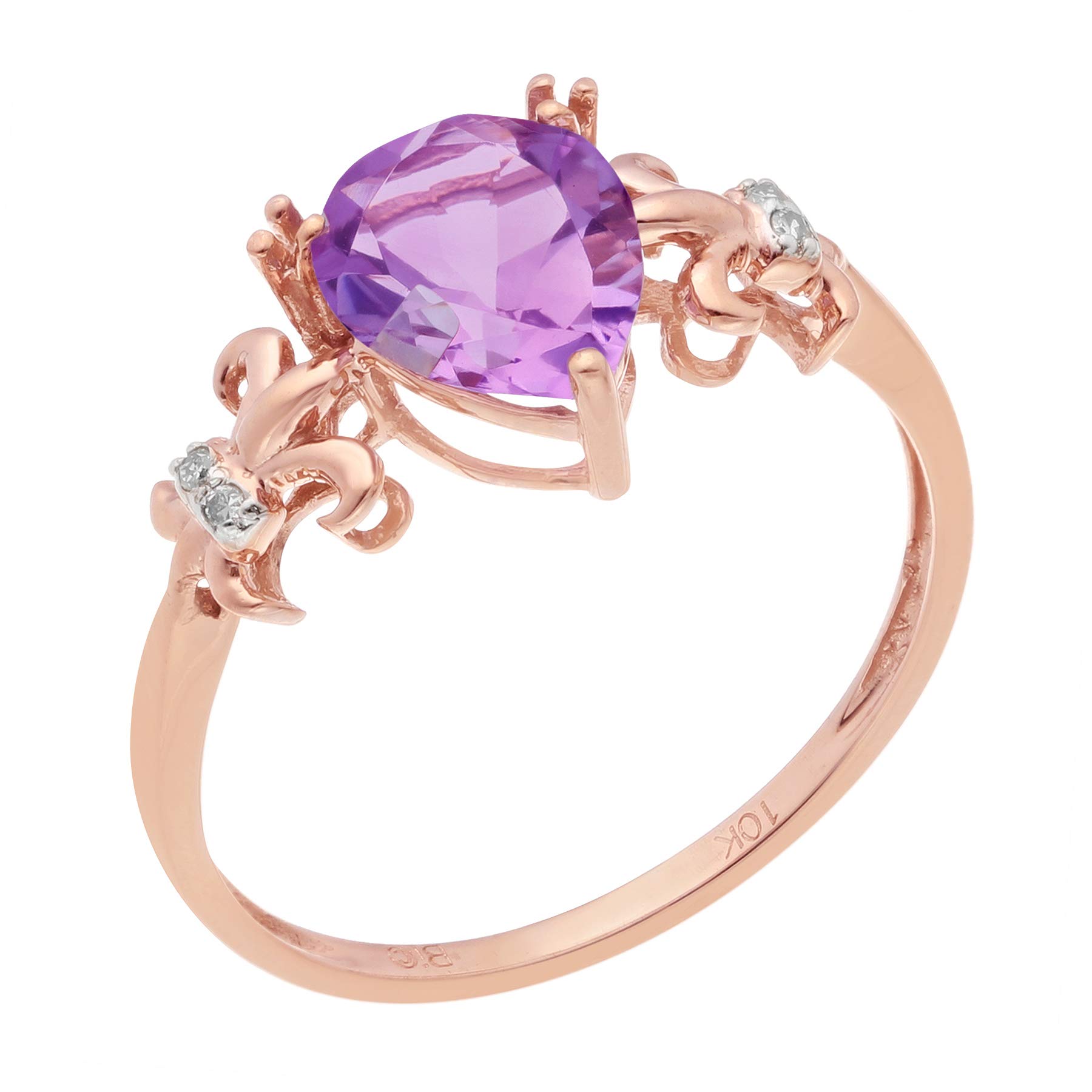 Metro Jewelry 10K Rose Gold Pear Amethyst Fleur de Lis Ring with .02 cttw Diamonds - Size 8