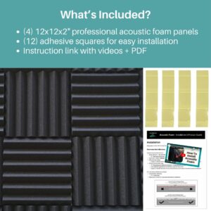 Professional Acoustic Foam Panels - Wedge Style 12x12x2” Tiles - 4 Pack - Studio Foam for Sound Dampening - Soundproofing Foam for Walls and Ceilings (Charcoal Color)