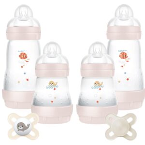 mam feed and soothe set, anti-colic newborn bottle set complete with baby soothers, suitable from 0+ months, ideal baby gift set for new parents, grey(designs may vary)