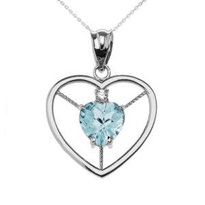 14k white gold heart march birthstone aqua cz and diamond open heart pendant necklace, 16"