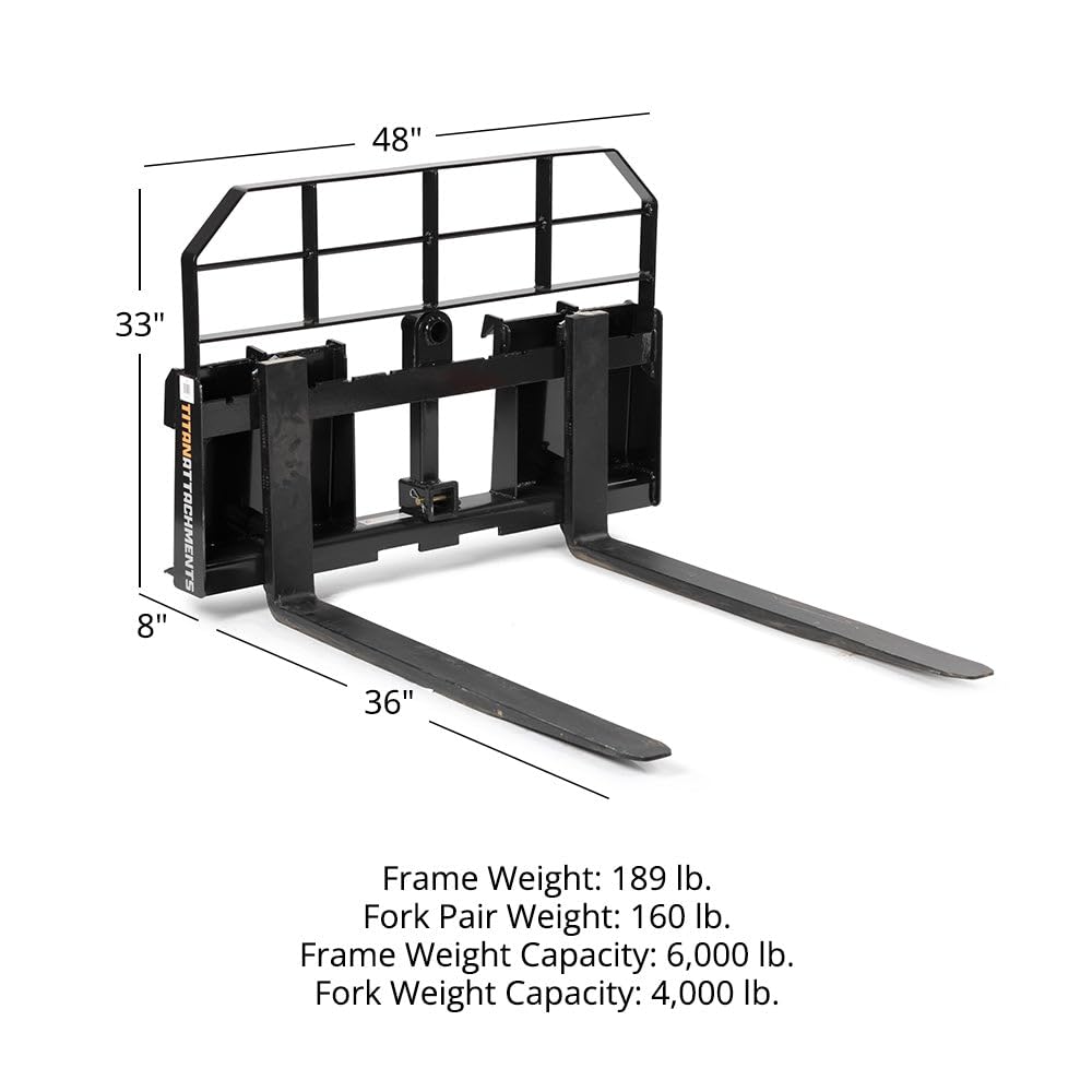 Titan Attachments Pro Series Skid Steer Pallet Fork Attachment with 36" Fork Blades, Rate 6,000 LB, Quick Tach Mounting