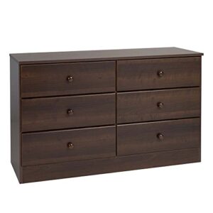 prepac astrid 6 drawer double dresser for bedroom, 16" d x 47.25" w x 28.25" h, espresso