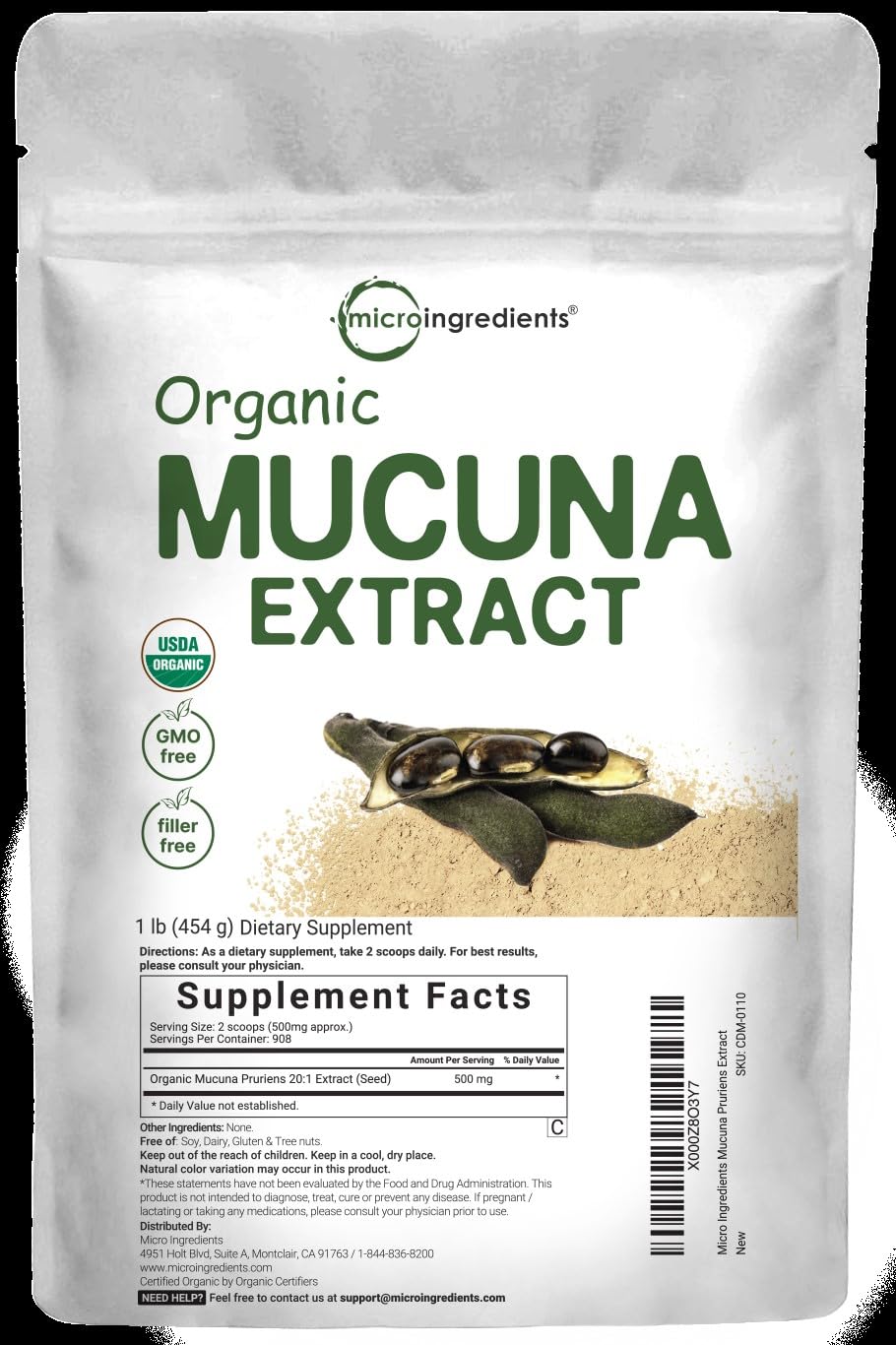 Micro Ingredients Organic Mucuna Pruriens Extract Powder,1 Pound (908 Servings), Pure Mucuna Supplement, Promote Mood, Brain Health and Boosts Immune System, Energy, Vegan Friendly