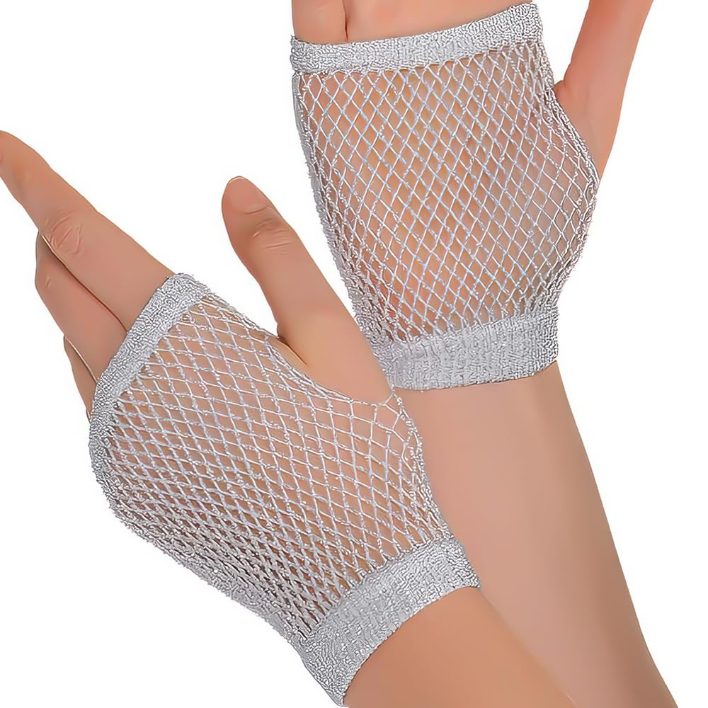 Chic & Bold Polyester Silver Short Fishnet Adult Gloves (One Size) - Pack of 1 - Perfect for Parties and Costumes