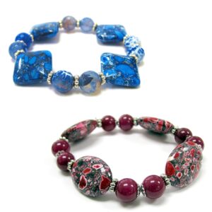 Linpeng Women Stretch Bracelet/Length 7.5" Stone Bead Size Around 1" / Red & Blue / 2 Pcs Set Pouch