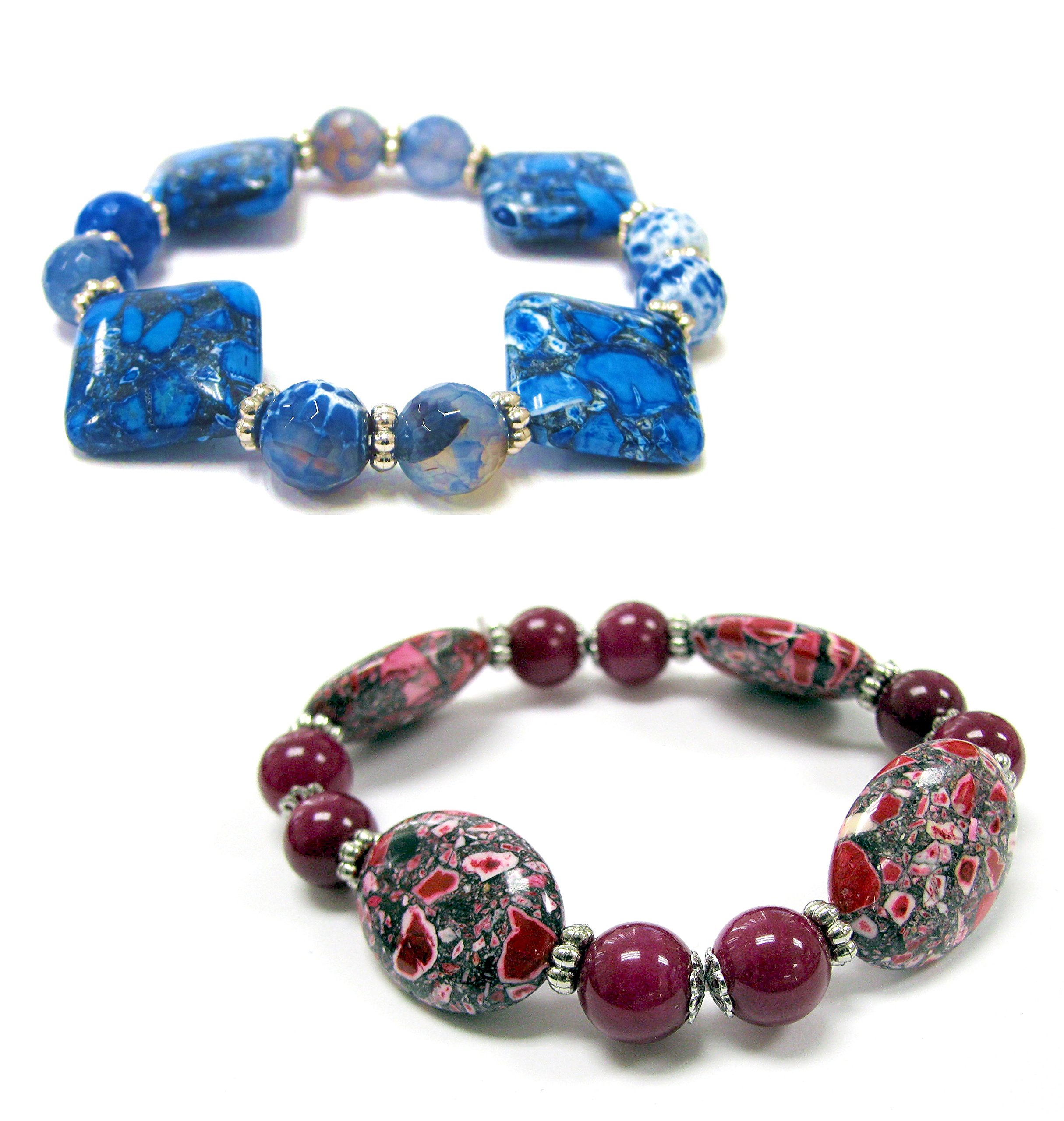 Linpeng Women Stretch Bracelet/Length 7.5" Stone Bead Size Around 1" / Red & Blue / 2 Pcs Set Pouch