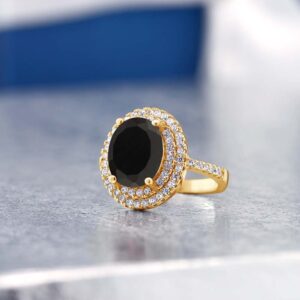 Gem Stone King 18K Yellow Gold Plated Silver Black Onyx Ring For Women (3.80 Cttw, Oval 9X7MM, Gemstone Birthstone, Available in size 5, 6, 7, 8, 9)