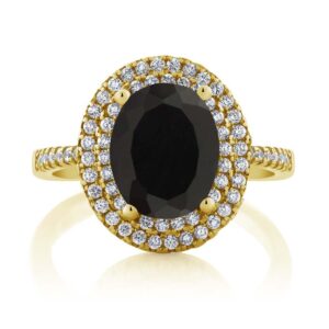 Gem Stone King 18K Yellow Gold Plated Silver Black Onyx Ring For Women (3.80 Cttw, Oval 9X7MM, Gemstone Birthstone, Available in size 5, 6, 7, 8, 9)