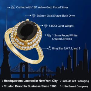 Gem Stone King 18K Yellow Gold Plated Silver Black Onyx Ring For Women (3.80 Cttw, Oval 9X7MM, Gemstone Birthstone, Available in size 5, 6, 7, 8, 9)