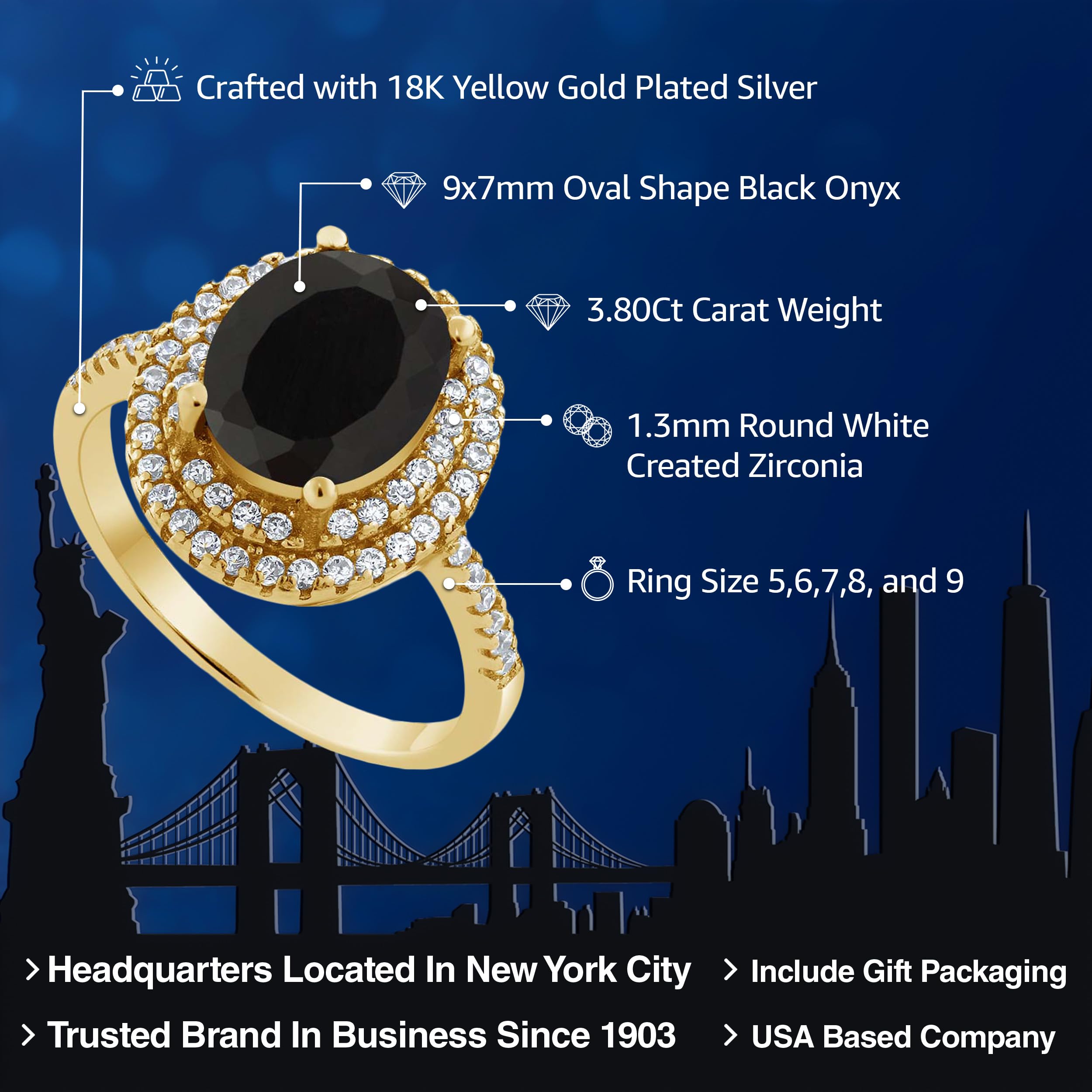 Gem Stone King 18K Yellow Gold Plated Silver Black Onyx Ring For Women (3.80 Cttw, Oval 9X7MM, Gemstone Birthstone, Available in size 5, 6, 7, 8, 9)