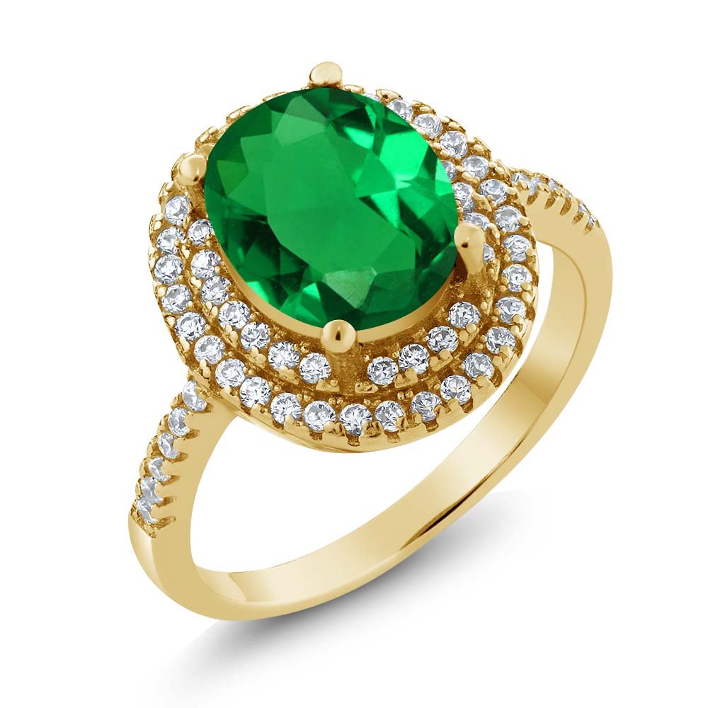 Gem Stone King 18K Yellow Gold Plated Silver Green Simulated Emerald Ring For Women (2.80 Cttw, Oval 9X7MM, Available in size 5, 6, 7, 8, 9)