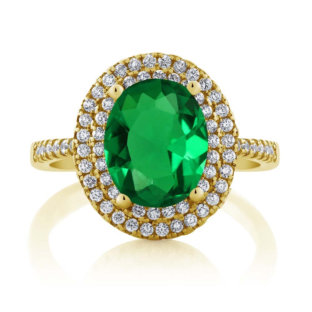 Gem Stone King 18K Yellow Gold Plated Silver Green Simulated Emerald Ring For Women (2.80 Cttw, Oval 9X7MM, Available in size 5, 6, 7, 8, 9)