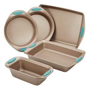 rachael ray cucina bakeware set includes nonstick bread baking cookie sheet and cake pans, 5 piece, latte brown with agave blue grips