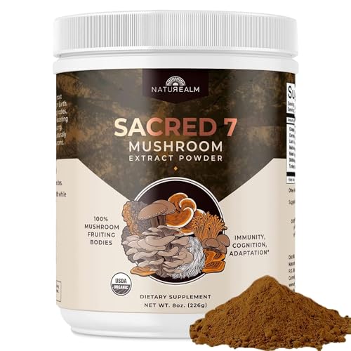 Naturealm - Sacred 7 Mushroom Extract Powder - Filler-Free - Organic - 100 Percent Fruiting Bodies - 8 Oz