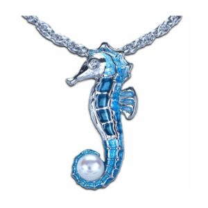 nautora blue seahorse necklace -enameled sterling silver with 18" double link chain