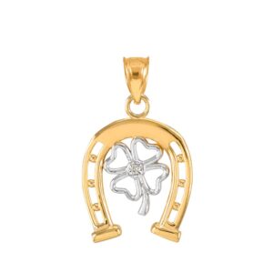 10k two-tone gold lucky horseshoe with irish 4-leaf clover 0.007 carats diamond pendant