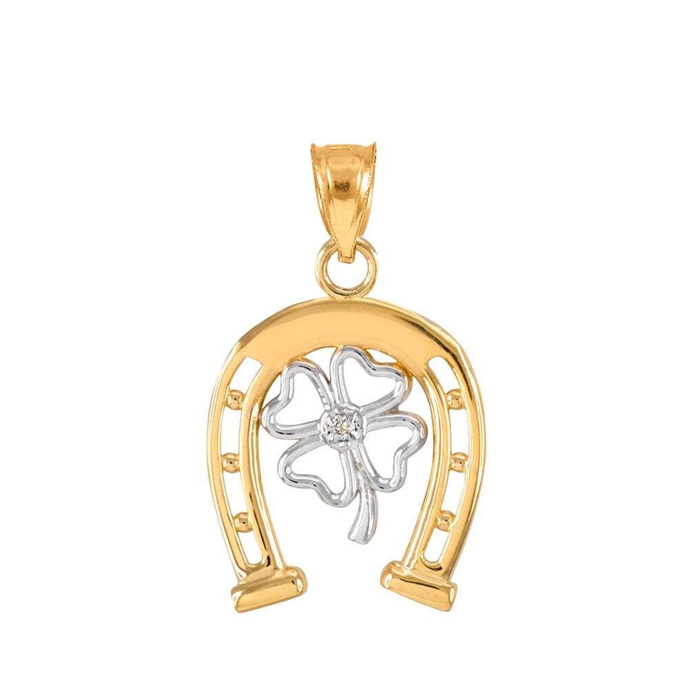 10k Two-Tone Gold Lucky Horseshoe with Irish 4-Leaf Clover 0.007 Carats Diamond Pendant