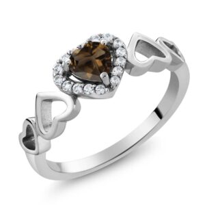 gem stone king 0.60 ct heart shape brown smoky quartz 925 sterling silver ring (size 6)