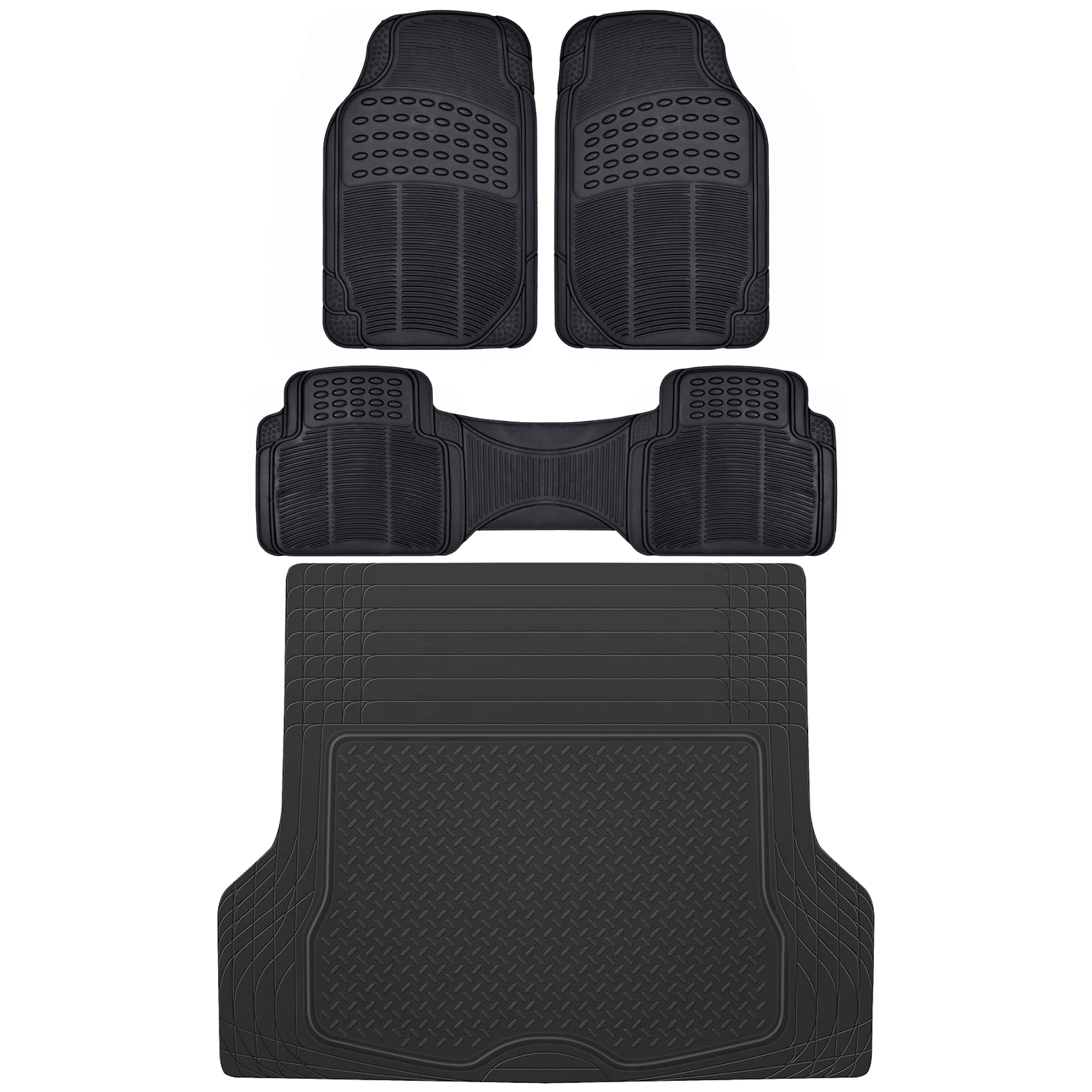 BDK Proliner All Weather Rubber Auto Floor Mats and Trunk Cargo Liner - Front & Rear Heavy Duty Set Fit for Car SUV Van and Truck, Black, 4 Pieces (Trim to Fit)