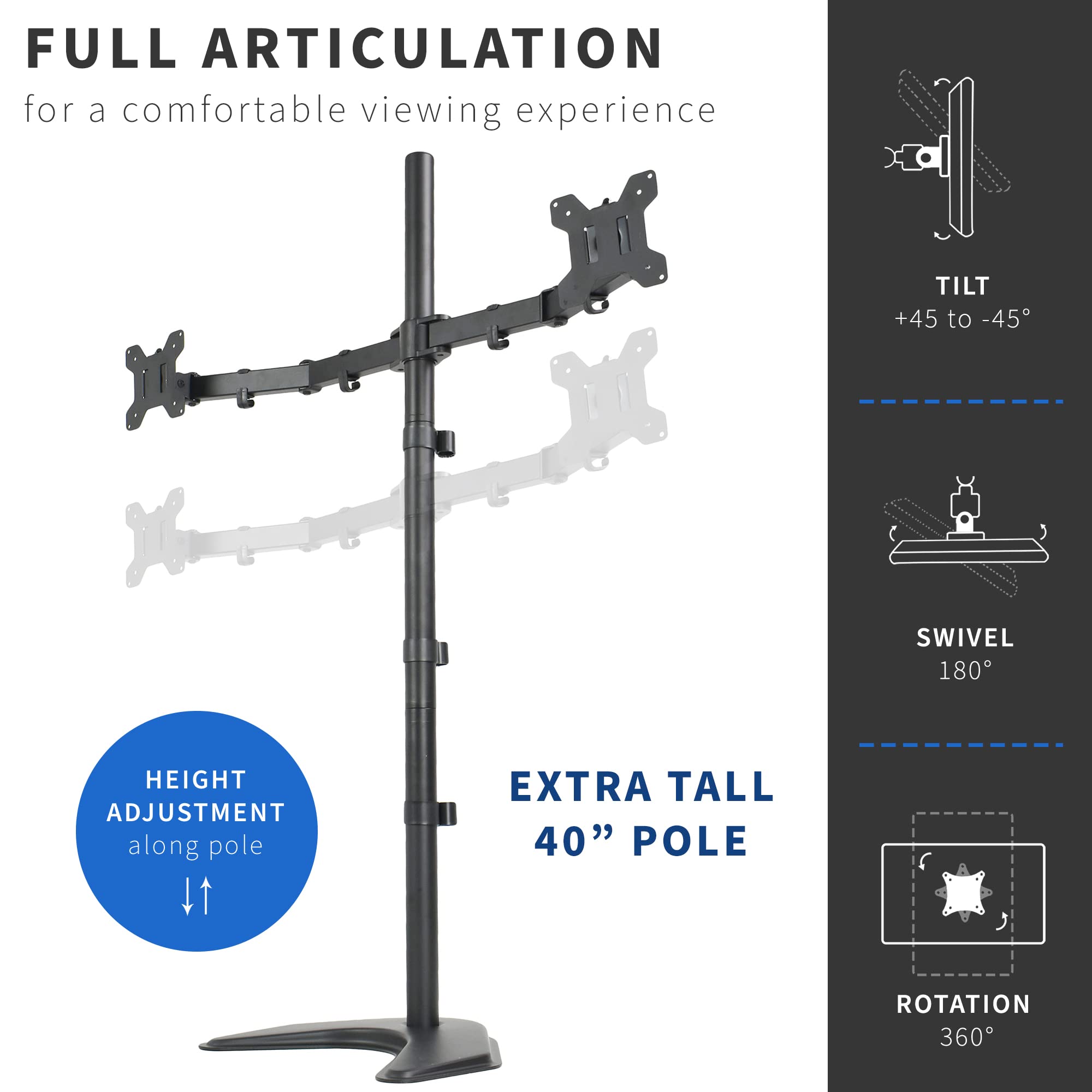 VIVO Dual 13 to 27 inch LED LCD Monitor Free-Standing Desk Stand, Holds 2 Screens, Heavy-Duty Fully Adjustable Arms with Max VESA 100x100mm, Extra Tall 40 inch Pole, Black, STAND-V012F