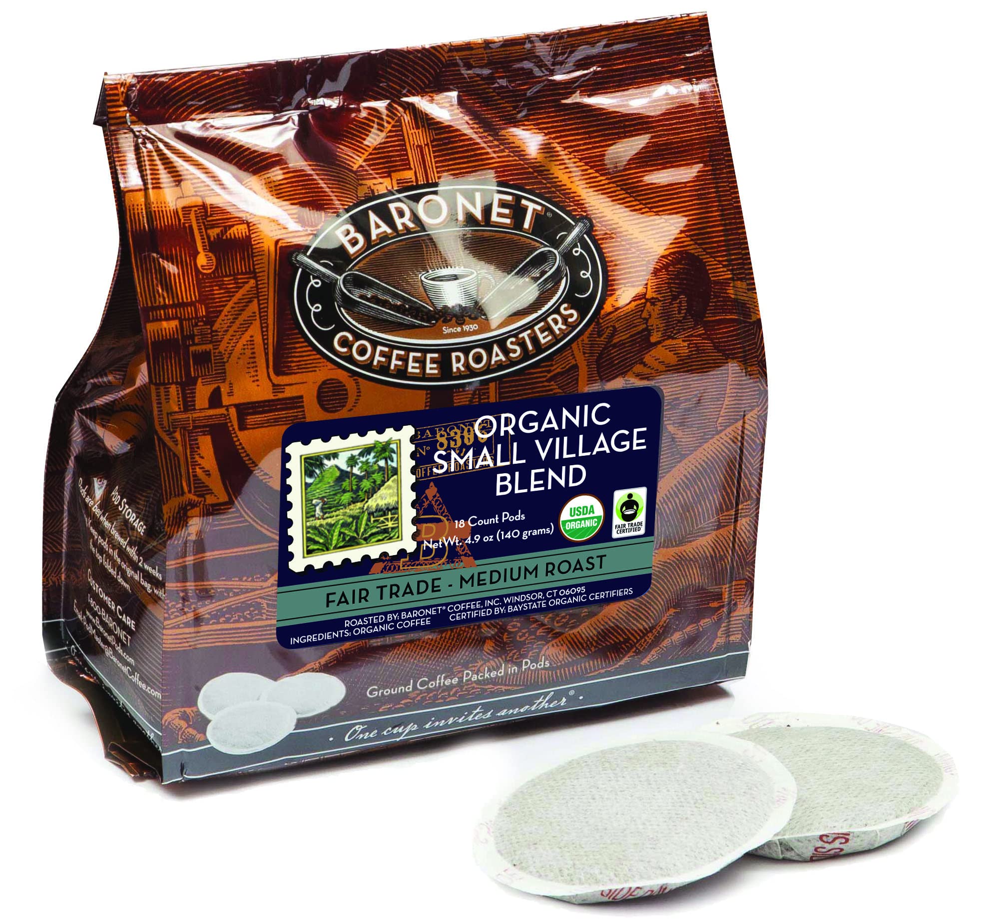 Baronet Coffee Pods [Organic Small Village-54 Pods] Single Cup Use Like Senseo Coffee Pods- 3 Bags of 18 Single Serve 8 Gram Pods, Regular Strength Soft Coffee Pods, Medium Roast [Organic Small Vill]