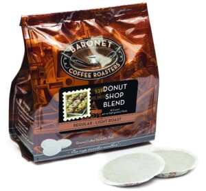 baronet coffee pods [donut shop-54 pods] single cup use like senseo coffee pods- 3 bags of 18 single serve 8 gram pods, regular strength soft coffee pods, medium roast [donut shop]