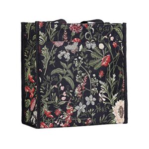 signare black floral shoulder tote shopping bag with sunflower poppy dragonfly butterfly (shop-mgdbk)