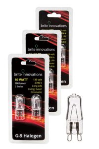 brite innovations g9 halogen bulb, 60 watt – 6 pack – energy saving - dimmable - soft white 2700k - 120v - q40, cl, t4 jd type, clear light bulb