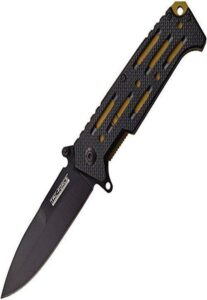 spring assisted knife black stainless blade, black aluminum handle, 5"